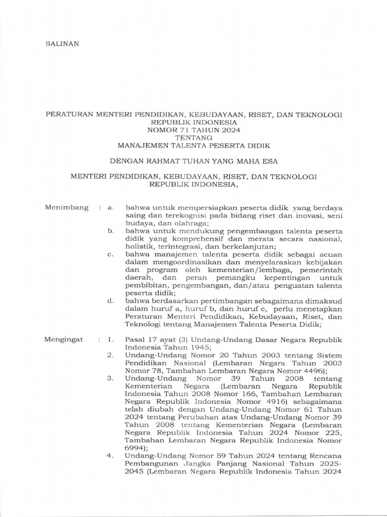 Salinan Permendikbudristek Nomor 71 Tahun 2024 CAP | PDF