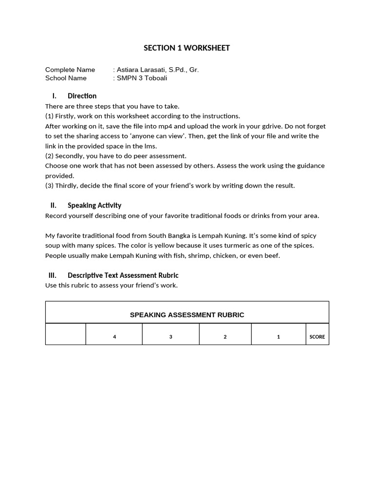 Section 1 - V. Worksheet LMS RUBRIC | PDF | Human Communication