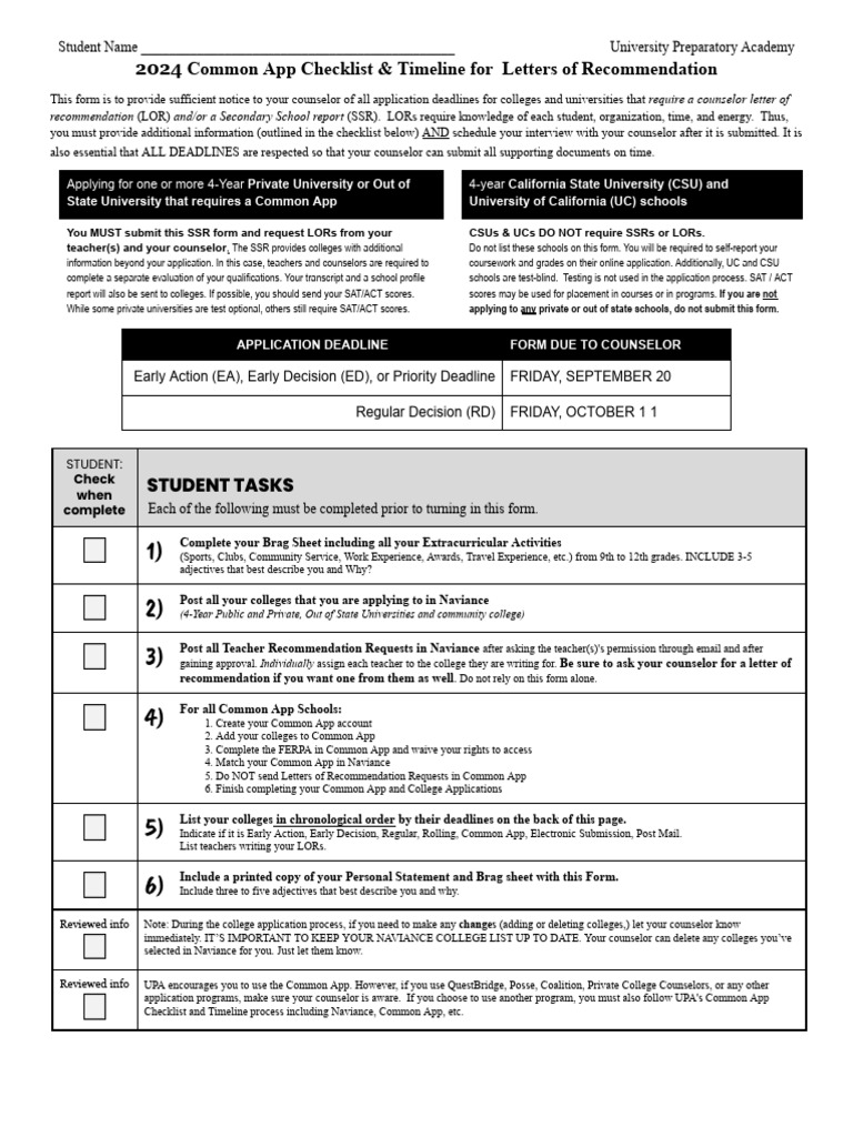 2024 SSR Form Common App Checklist and Timeline | PDF 2024 SSR Form Common App Checklist and Timeline | PDF