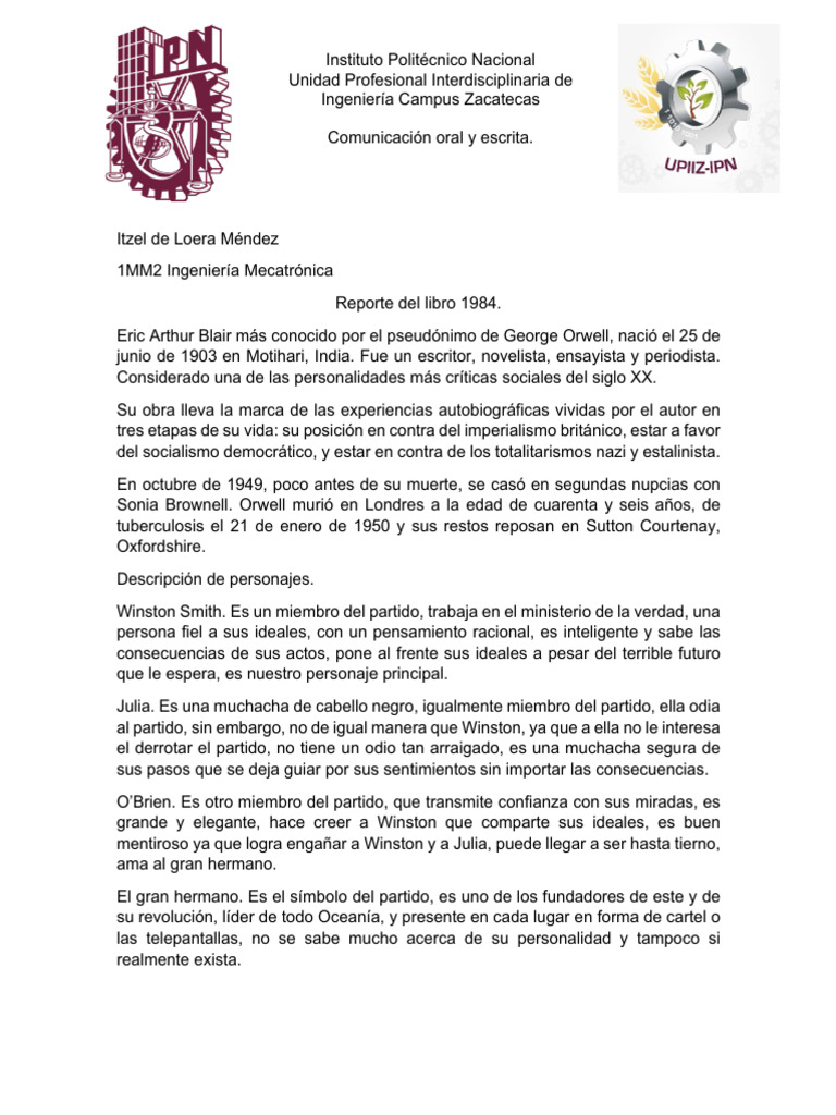 Reporte Libro 1984 | PDF | George Orwell