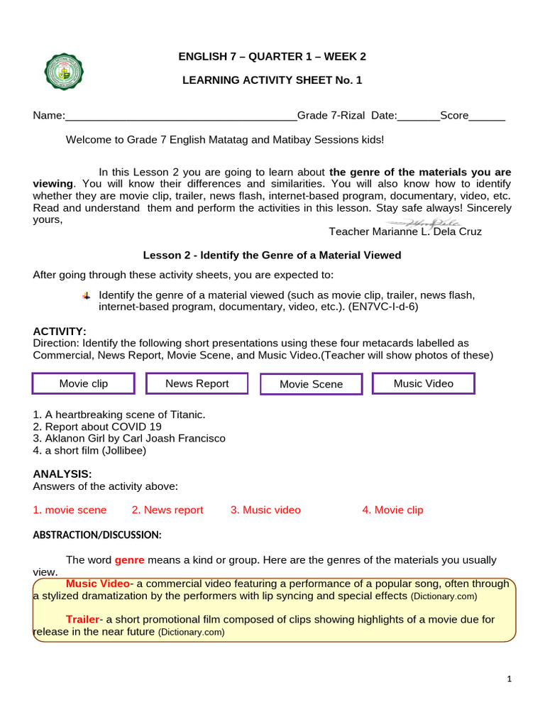 English 7 Week 2 Q1 | PDF | Documentary Film | Genre