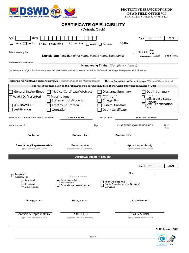 AICS Certificate of Eligibility C E Financial Assistance | PDF