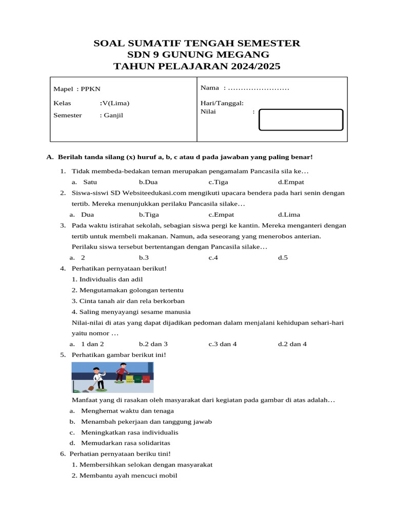 Soal STS 1 PPKN Kelas 5 | PDF