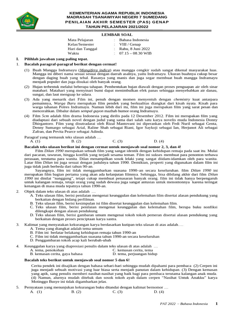 Soal Pat B. Indonesia Kelas 8 Sem 2 | PDF