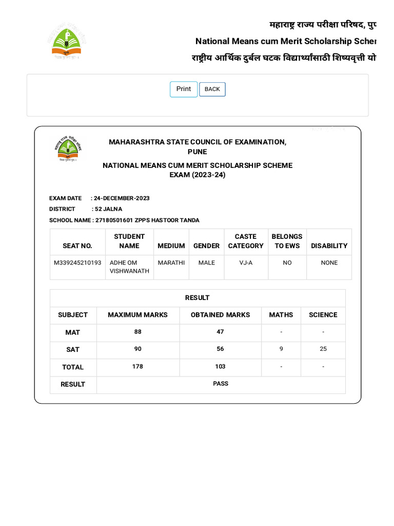 Maharashtra NMMS Exam Results 2023 | PDF