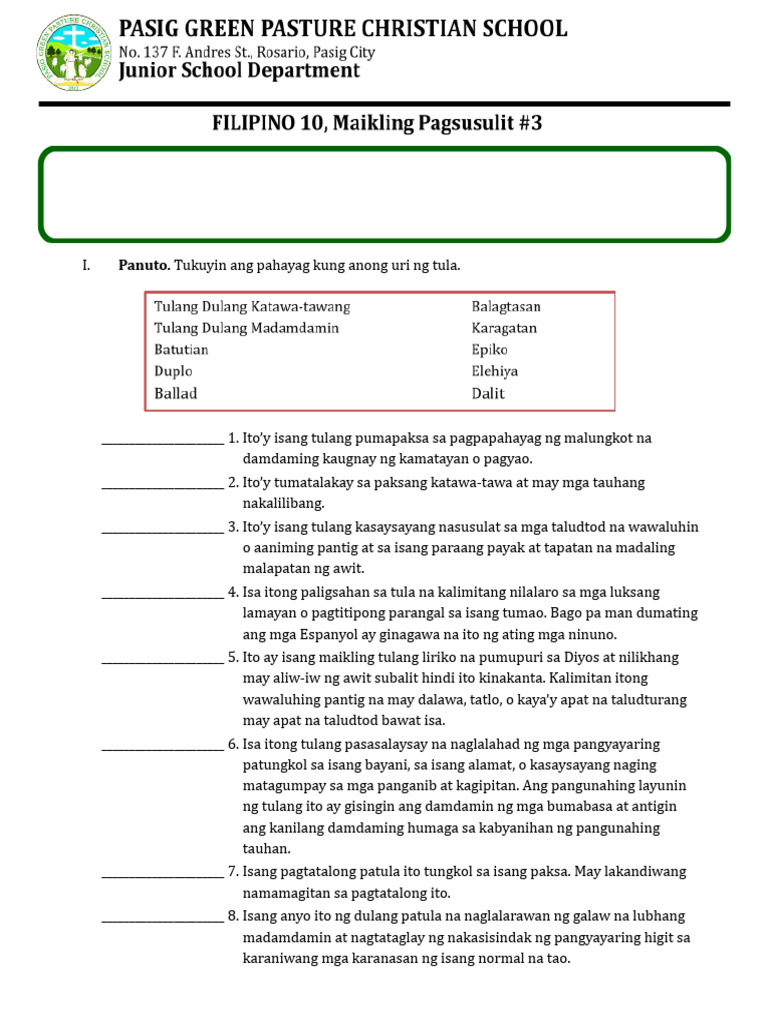 FILIPINO 10 - Maikling Pagsusulit#3 | PDF