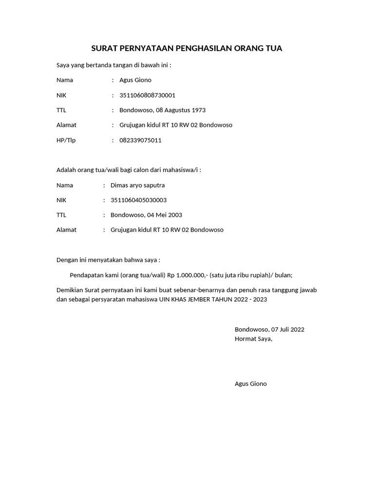 Surat Pernyataan Penghasilan Orang Tua | PDF