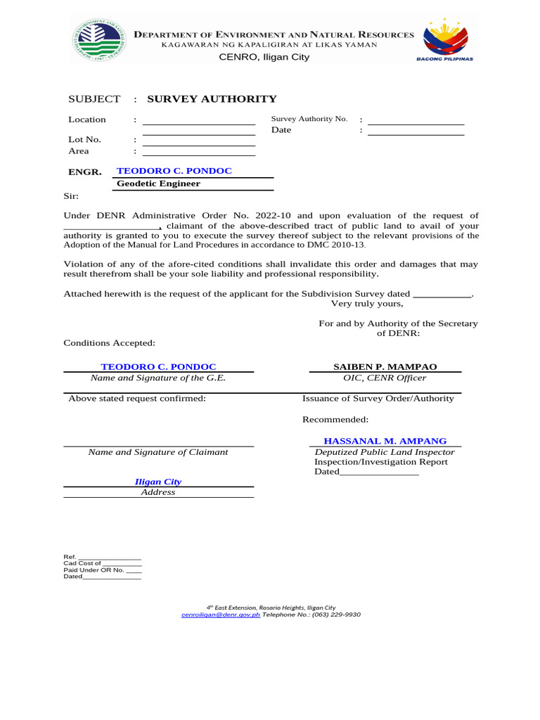 Survey Authority Form (DENR) | PDF