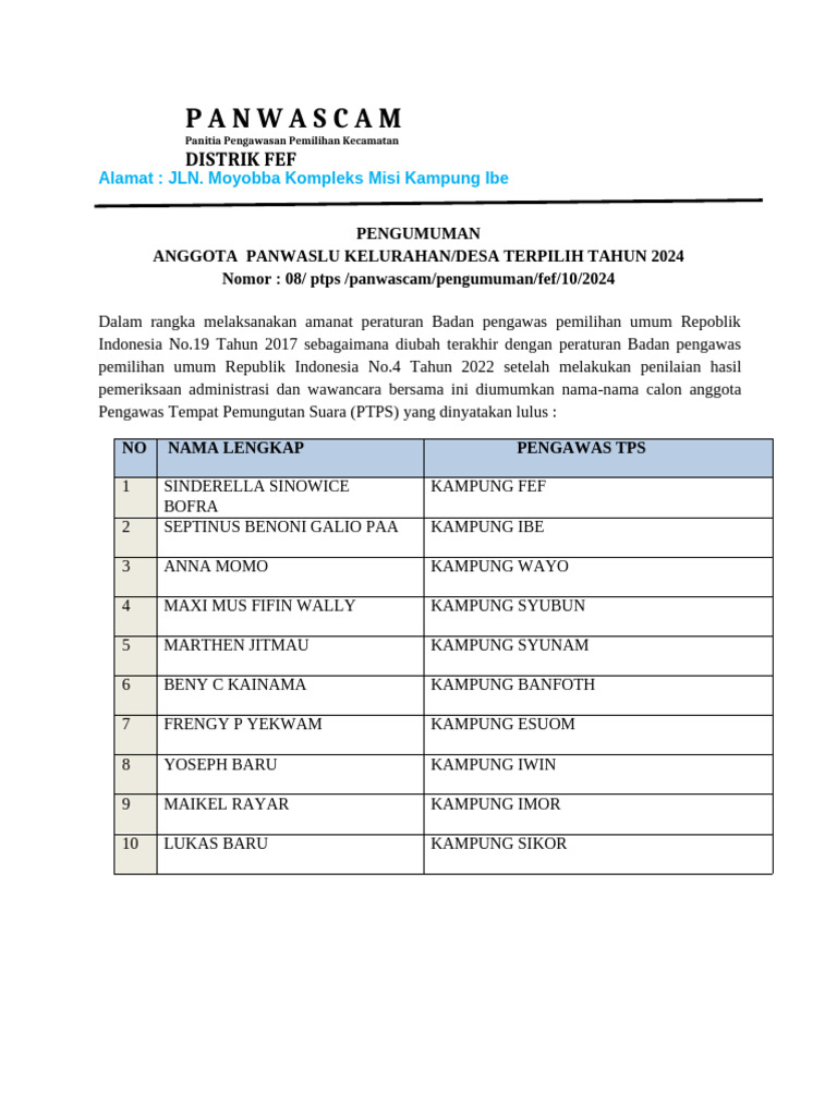 Penetapan PTPS Distrik Fef | PDF