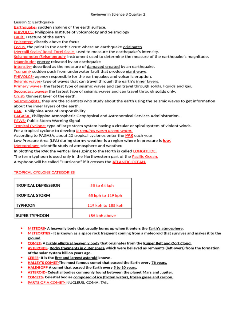 Reviewer in Science 8 Quarter 2 | PDF | Seismology | Earthquakes