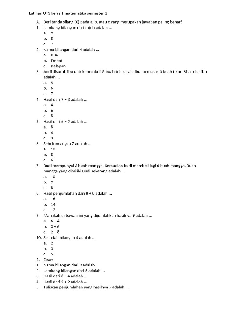Latihan UTS Kelas 1 Matematika Semester 1 | PDF