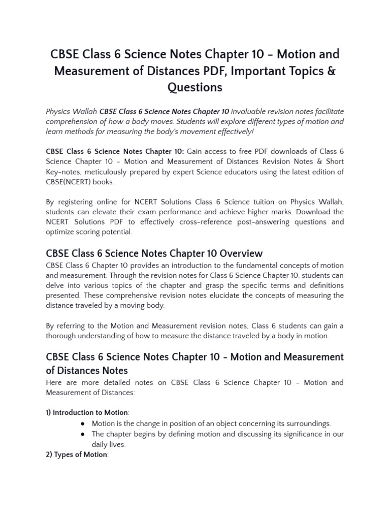 CBSE Class 6 Science: Motion & Distance Notes | PDF | Acceleration ...