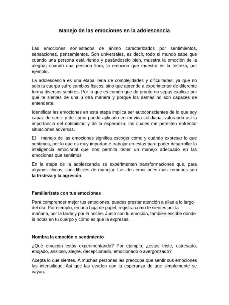 Manejo de Las Emociones en La Adolescencia | PDF | Las emociones | Cognición