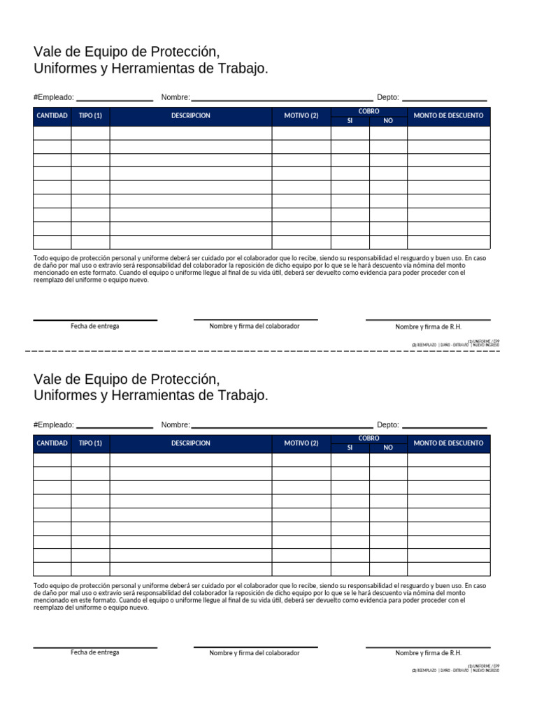 Vale de Entrega de EPP y Uniformes | PDF