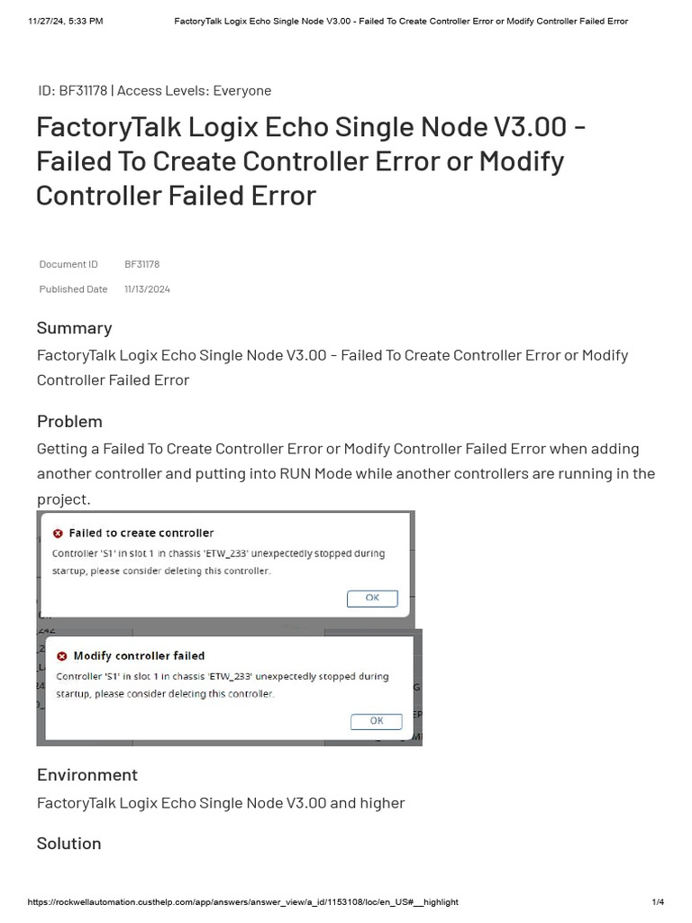 Factorytalk Logix Echo Single Node V300 Failed To Create Controller Error Or Modify