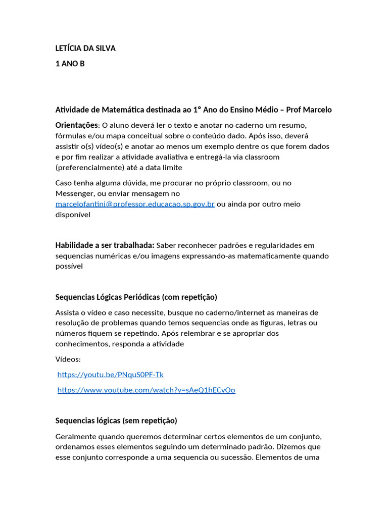 Atividade 1 de Matemática Destinada Ao 1º Ano Do Ensino Médio | PDF | Sequência | Matemática