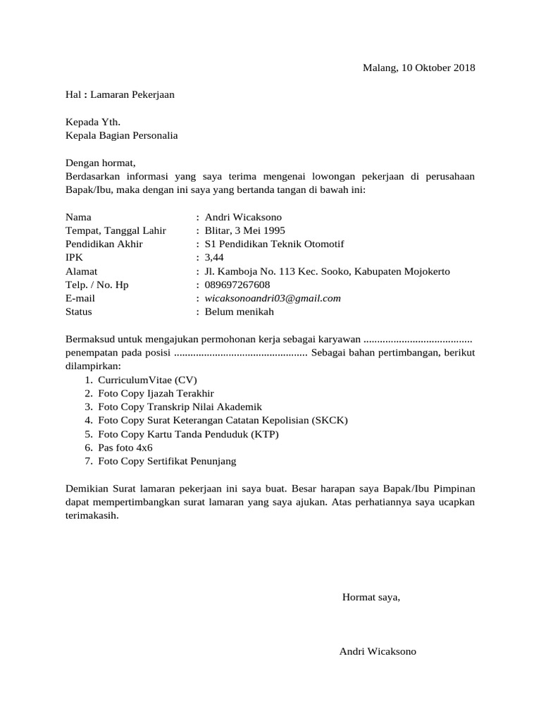 Surat Lamaran Kerja Serta Scan | PDF