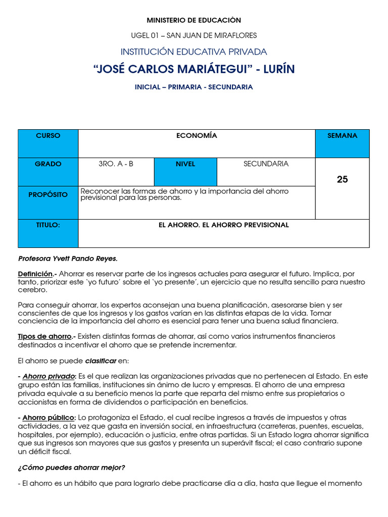 Ficha 3ro ECO - Docx - 20241029 - 211424 - 0000 | PDF | Ahorro | Pensión