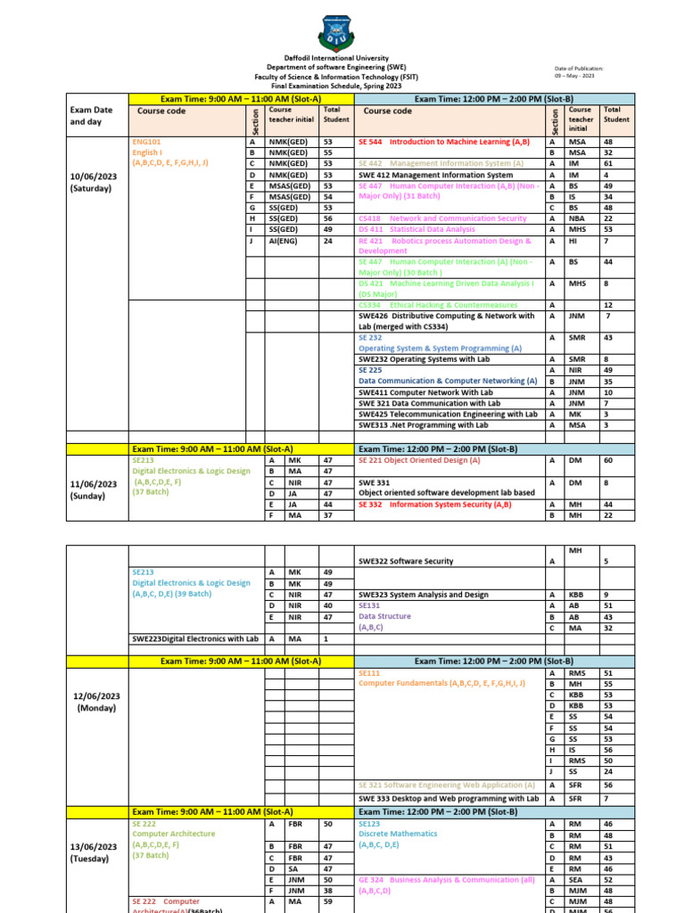 DIU Spring 2023 Exam Schedule | PDF | Computing | Engineering