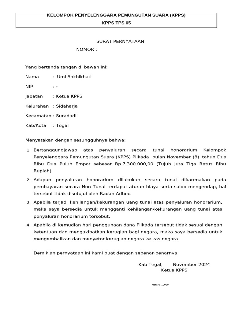 Surat Pernyataan Pembayaran Non Tunai KPPS | PDF