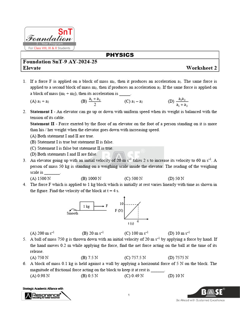 9th STD - Elevate - Physics Worksheet 2 Q | PDF | Force | Mass
