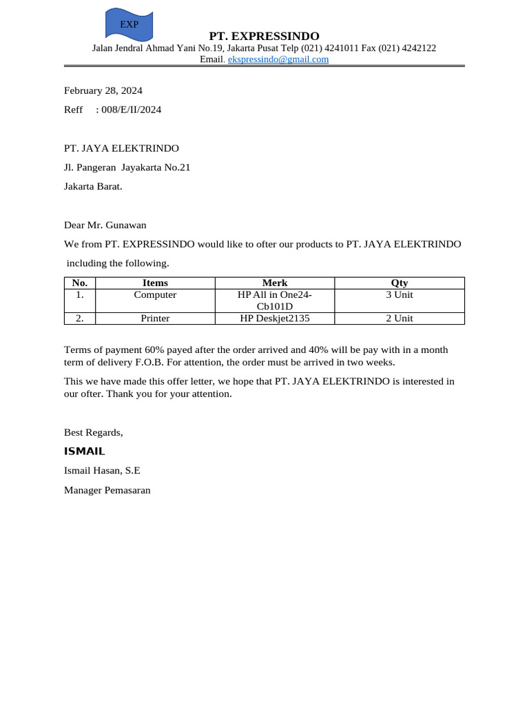 Product Offer Letter to Jaya Elektrindo | PDF