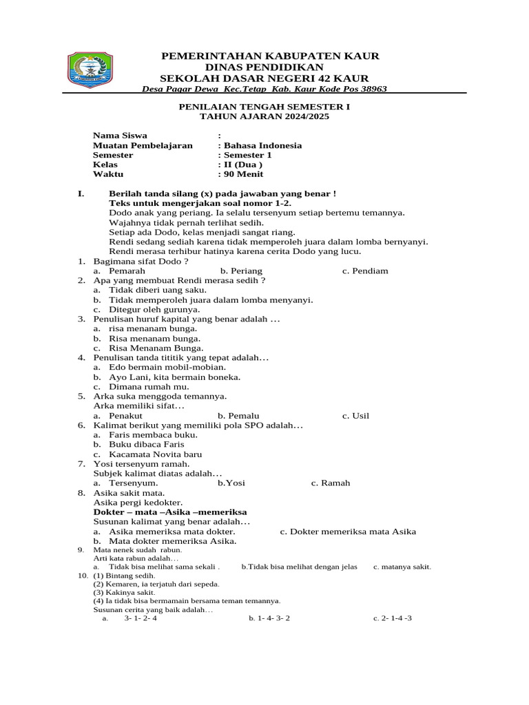 Soal KLS 2 Kumer Mid Semester 1 | PDF
