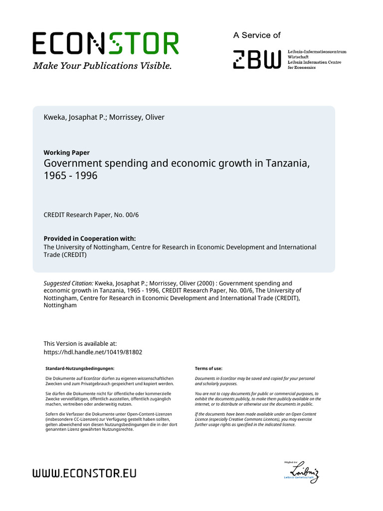 Government Spending and Economic Growth in Tanzania, 1965 - 1996 | PDF | Fiscal Policy ...