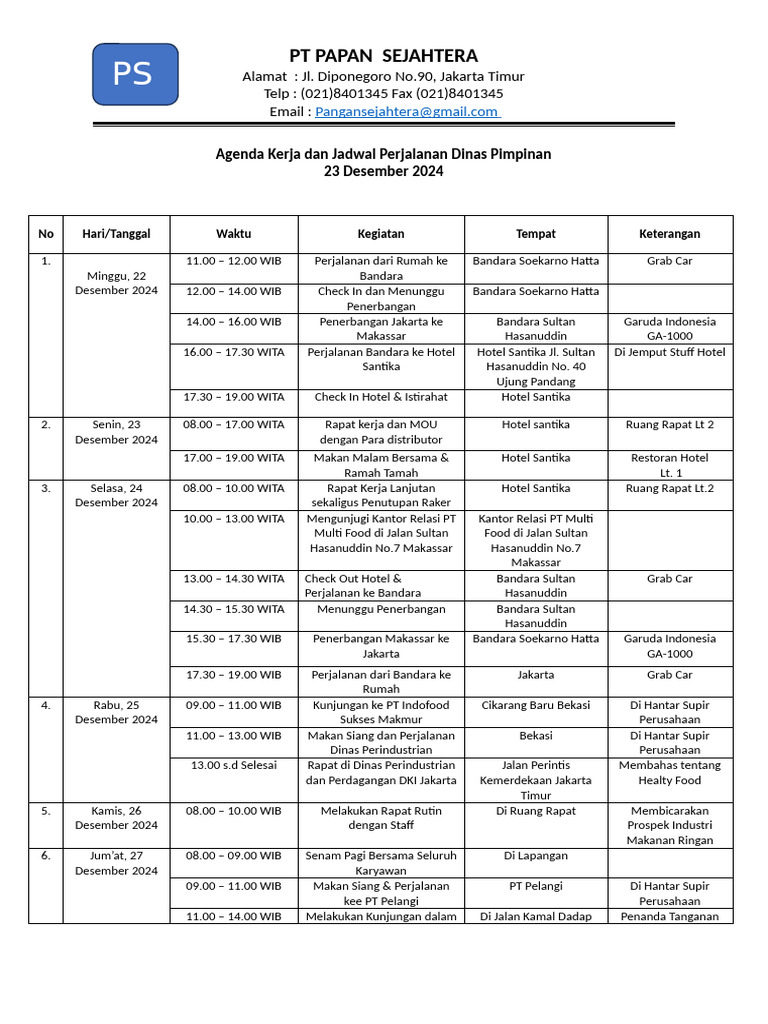 Agenda Kerja Dan Jadwal Perjalanan Dinas Pimpinan Alifya Putri Devara | PDF