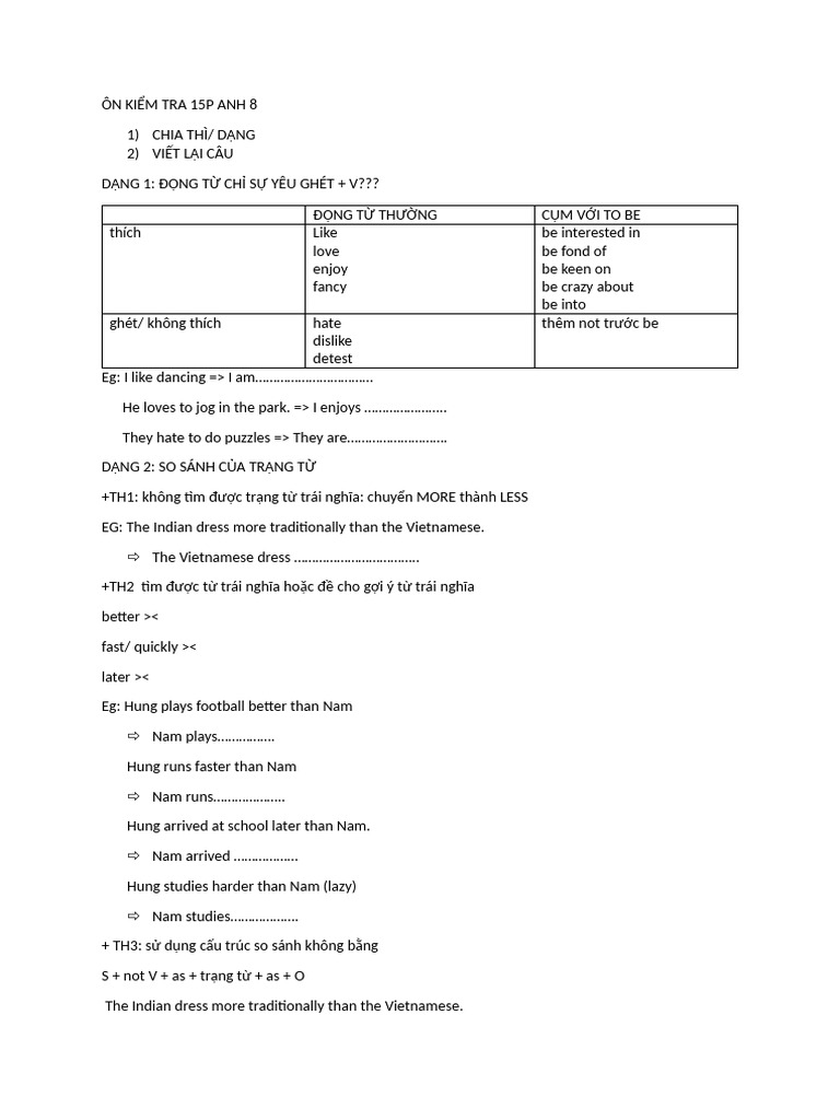 ÔN KIỂM TRA 15P ANH 8 | PDF