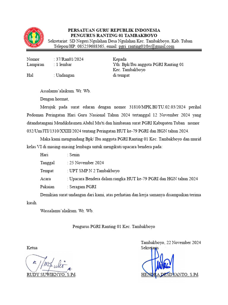 Surat Undangan Upacara Pgri | PDF