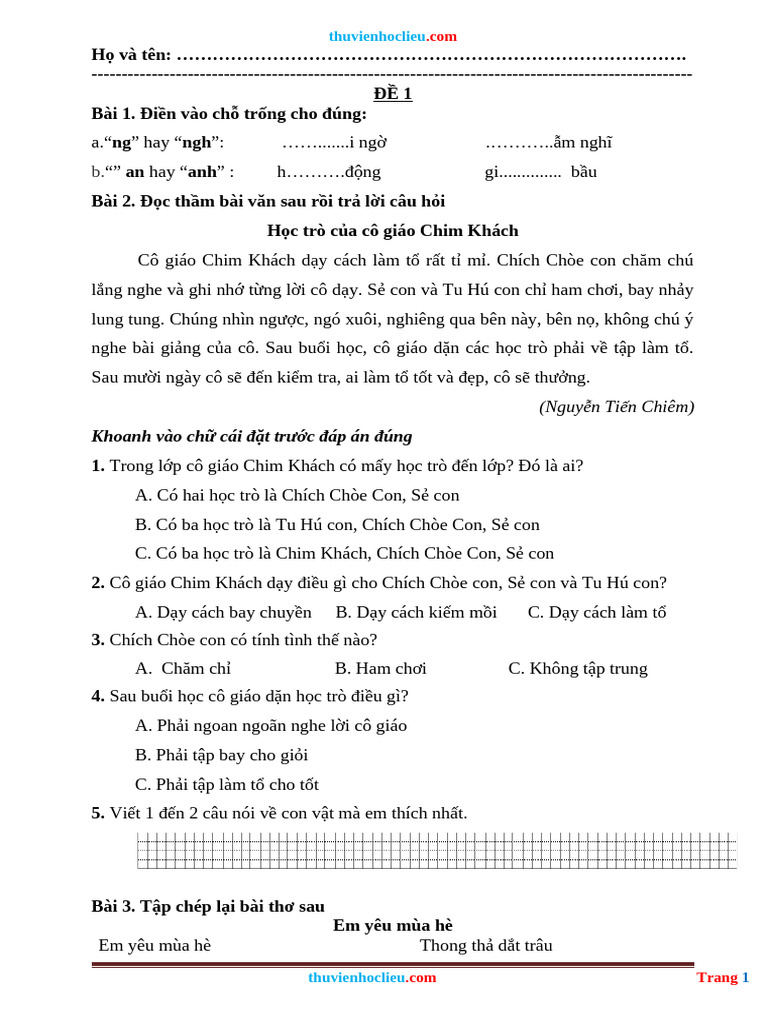 Tai Lieu On He Tieng Viet 1 Len 2 | PDF