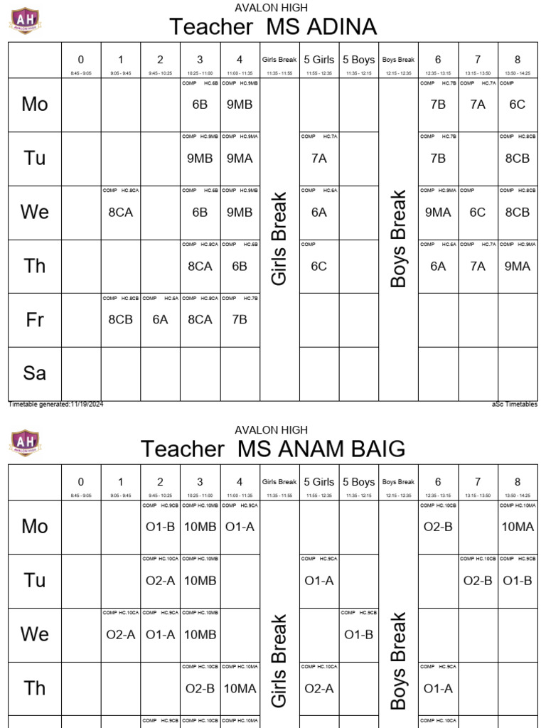 Teachers 5th Nov Timetable | PDF | Urdu