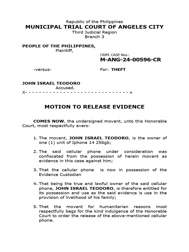 Motion To Release Cellphione | PDF | Government | Political Law