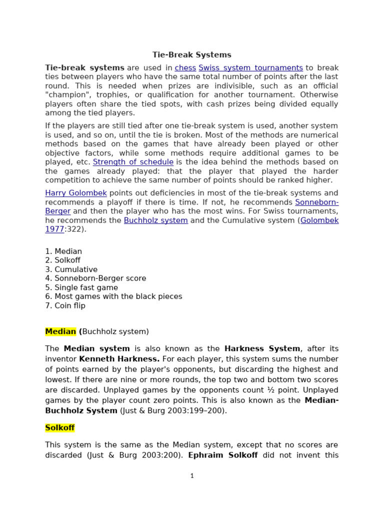Tie Break Swiss System Training or in SPAA | PDF | Gaming | Chess ...