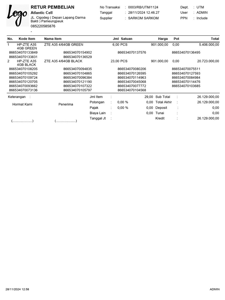 Nota Retur Pembelian Pulsa | PDF