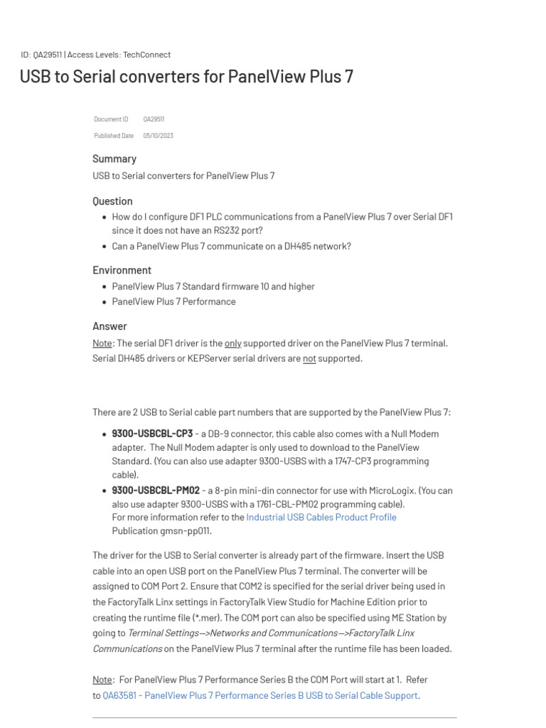 USB To Serial Converters For PanelView Plus 7 | PDF | Usb | Computing