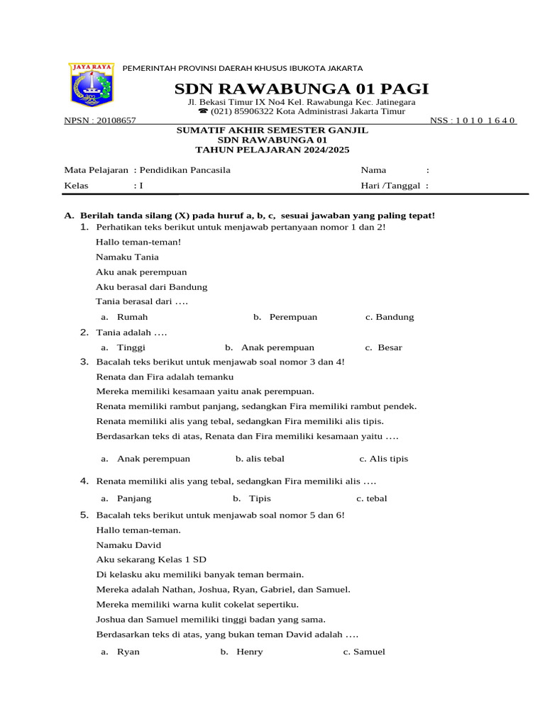 Soal Asas Ganjil Pend. Pancasila Kelas 1 | PDF