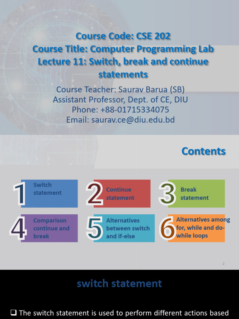 L11, Switch, Break and Continue Statements, CSE 202, BN11 | PDF | Control Flow | Computing