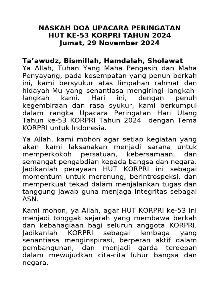 Doa Upacara HUT KORPRI Tahun 2024 - 29 November 2024 | PDF