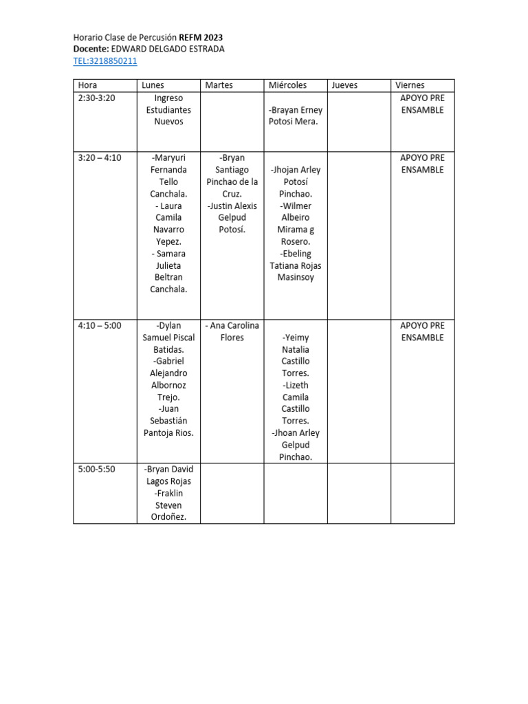 Horario de Percusion Refm Edward Delgado Percusion | PDF
