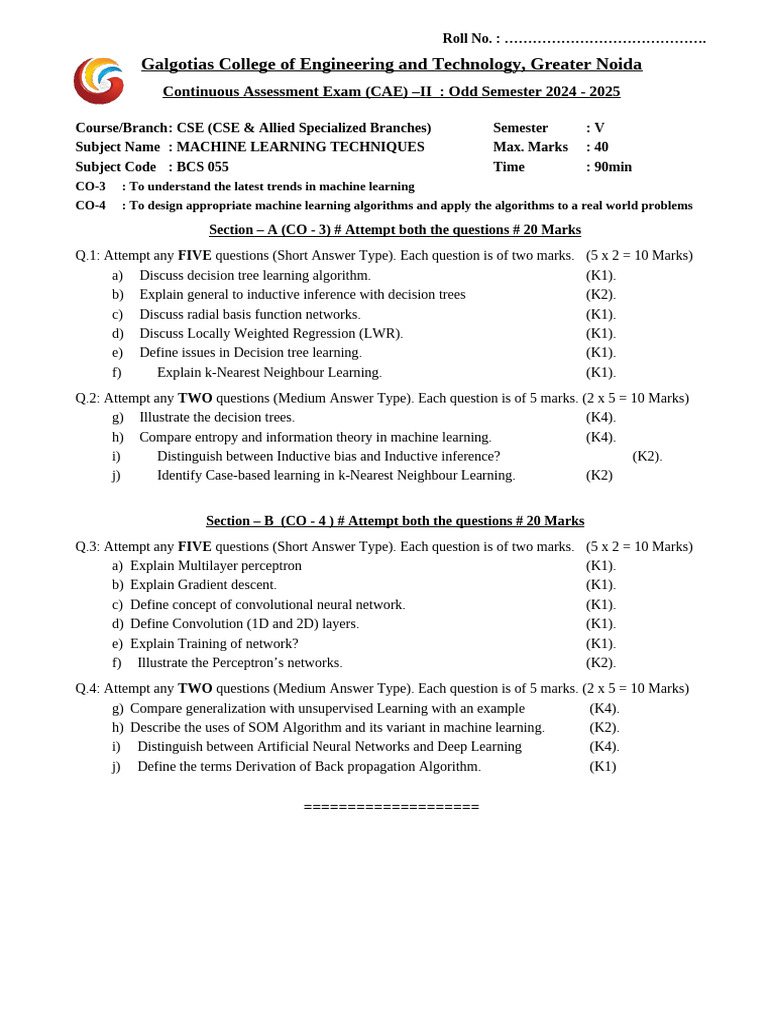 Assessment Exam (CAE) - II ML | PDF | Machine Learning | Artificial ...