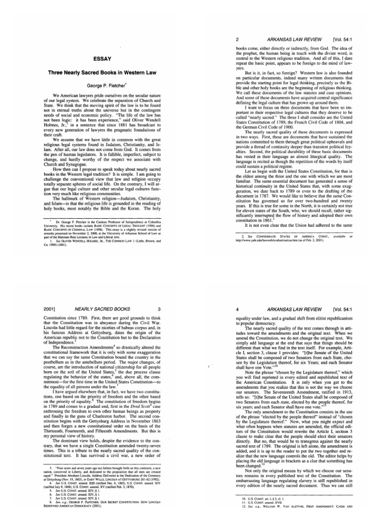 FLETCHER - Three Nearly Sacred Books in Western Law (2001-2002) | PDF