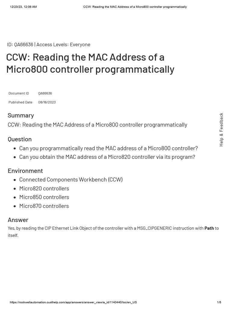 Ccw Reading The Mac Address Of A Micro800 Controller Programmatically Pdf Computing