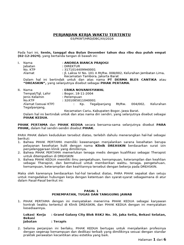 03-PKWT-HRD-DBC-XII-2024 Erika Novanisyawal | PDF