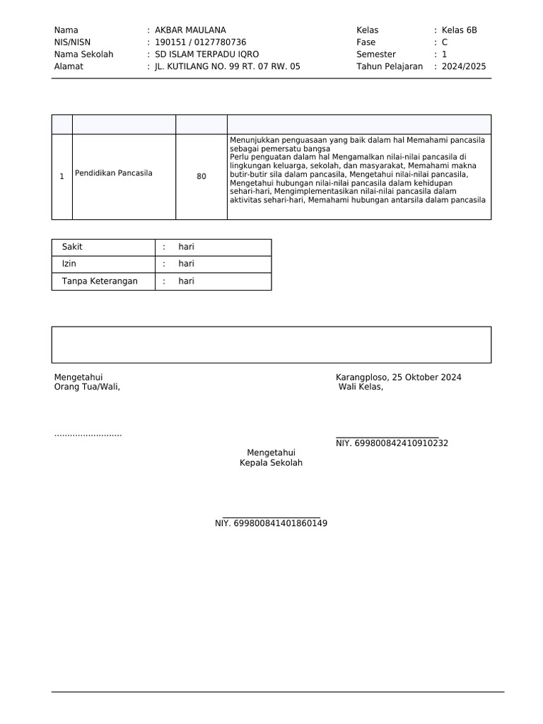 Rapor Pts Kls Kelas6b | PDF