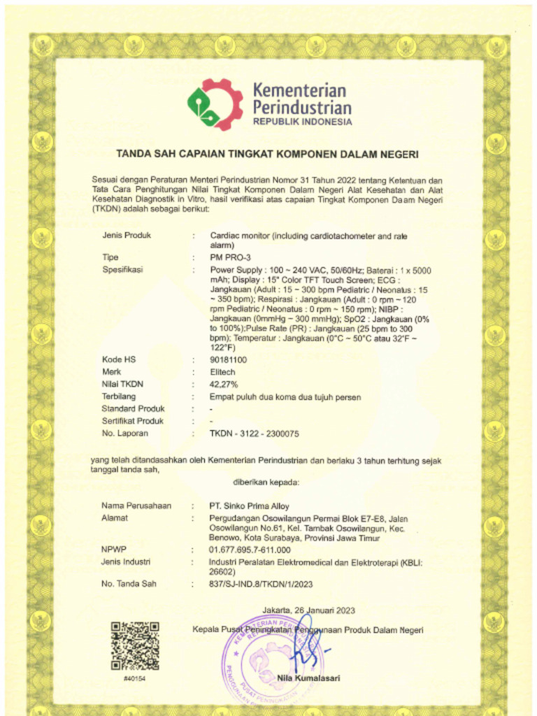 Sertifikat TKDN Pasien Monitor PM PRO-3 | PDF
