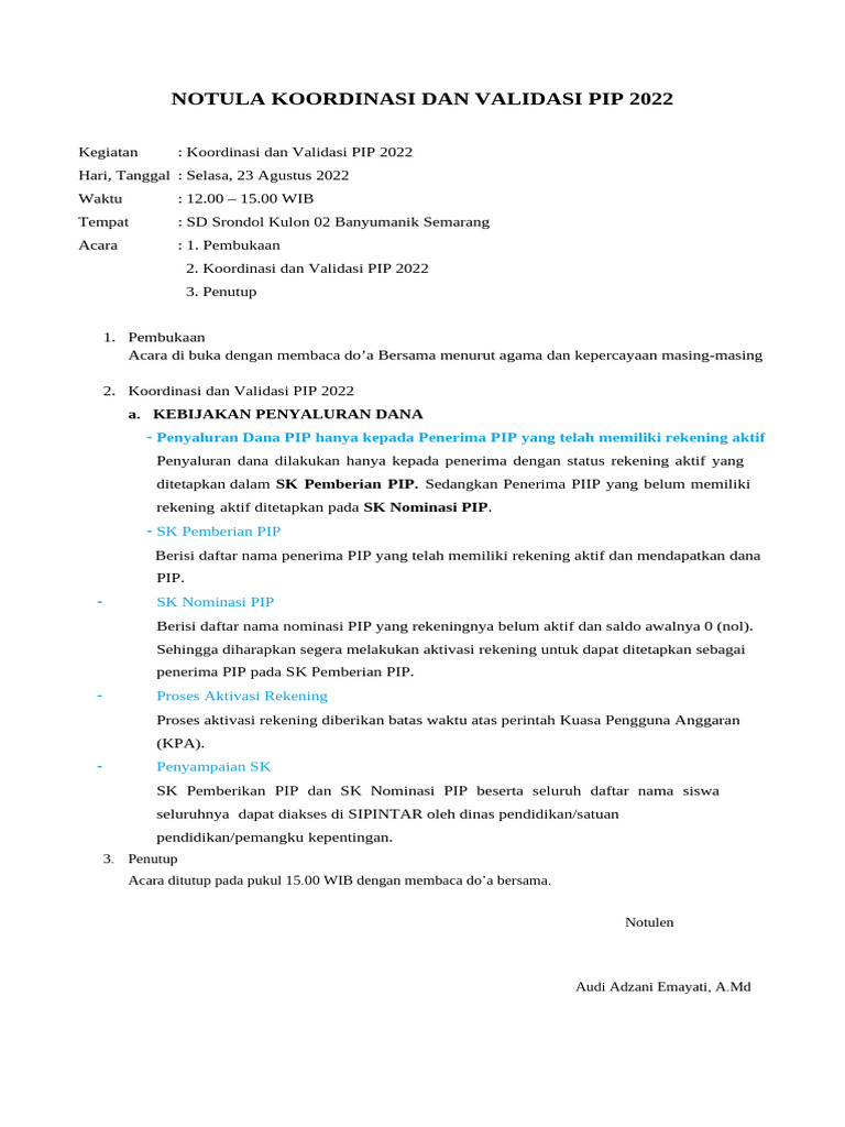 Koordinasi Dan Validasi Pip 2022 | PDF