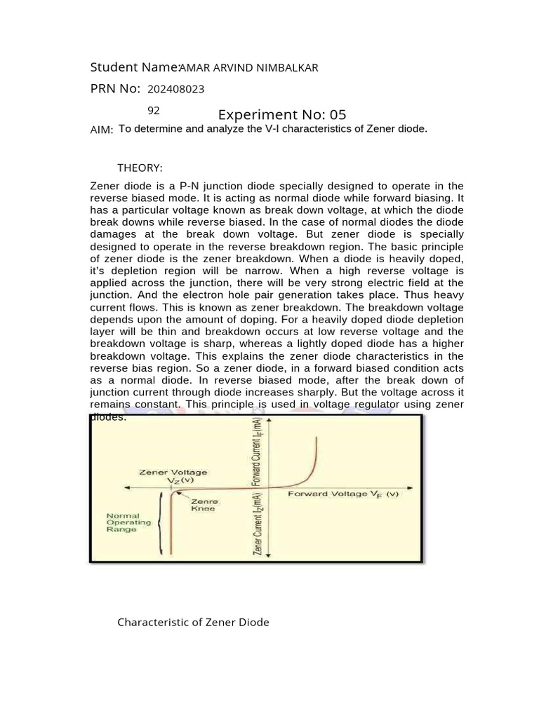 Zener Diode V-I Characteristics Analysis | PDF | P–N Junction | Diode