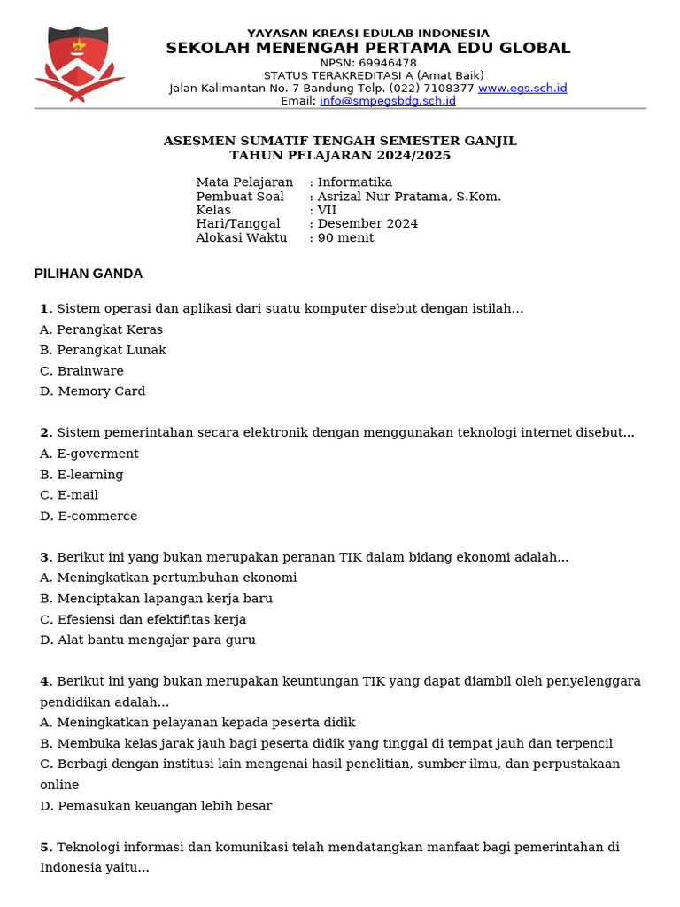 Kisi-Kisi Soal Asas Kelas 7 Ganjil 2024 - Informatika Vii | PDF